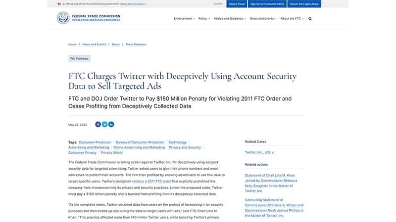 FTC Charges Twitter with Deceptively Using Account Security Data to ...